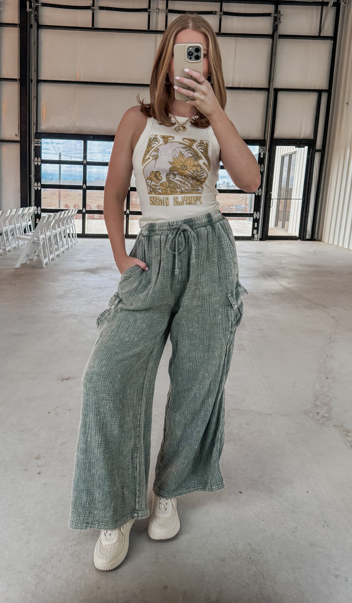 Addyson Cotton Gauze grey Cargo Pants - Pacific Green – CK Squared Boutique